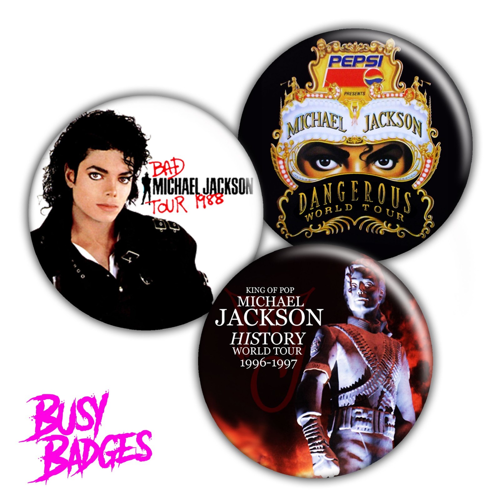 MICHAEL JACKSON TOUR Badges & Magnets - 80's BUTTON Retro Dangerous Bad ...