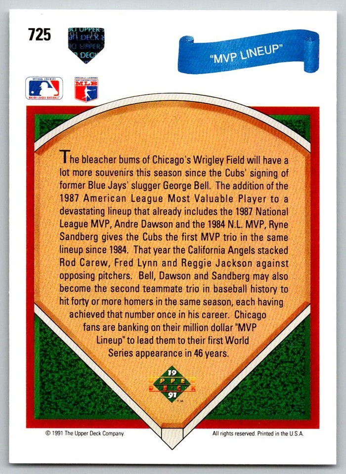 1991 UPPER DECK CUBS MVP LINEUP CUBS MVP LINEUP #725 | eBay