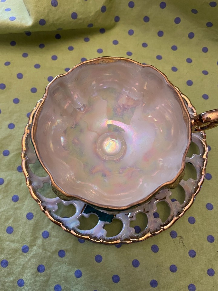 Royal Sealy Japan EMERALD GREEN/GOLD Lusterware Footed Tea Cup & Saucer ...