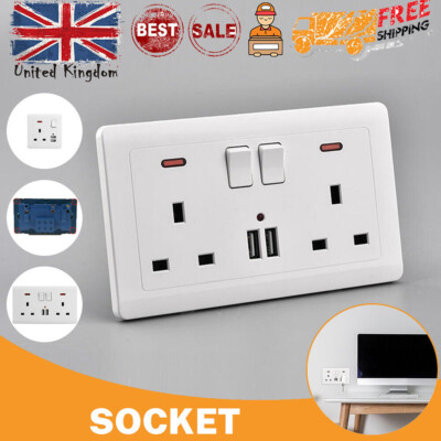 Double Wall Plug Socket 2 Gang 13A With 2 Charger USB Ports Outlets ...
