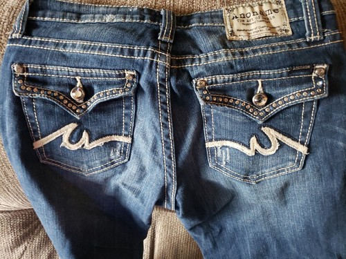 Anoname Joelle Navy Blue Boot Cut Jeans Womans Size 28 Bling Pockets | eBay