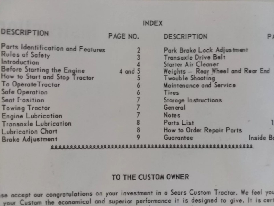 Sears Custom 7 Lawn Garden 3-speed Tractor Owner & Parts Manual 917. ...