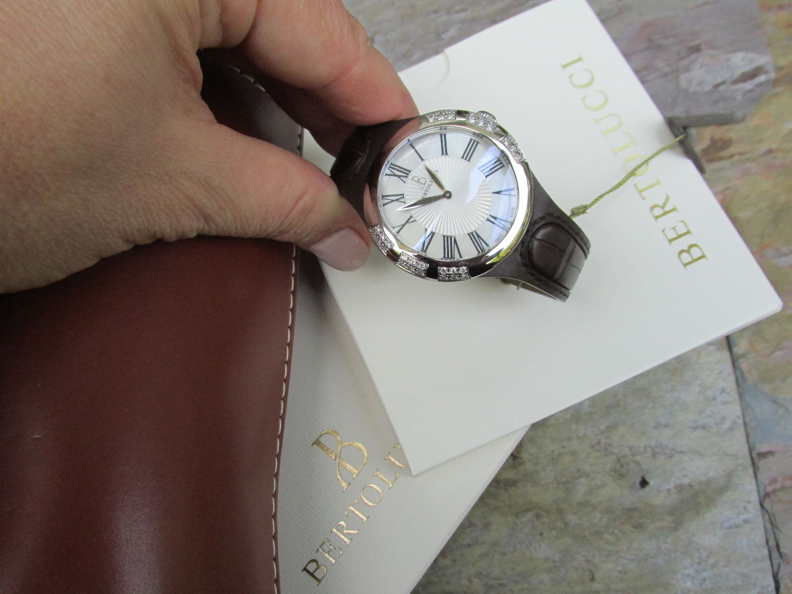 Bertolucci Serena Garbo Diamond Stainless Steel Brown Leather Strap Mop ...