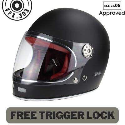 Motorbike Full Face Helmet Vintage Retro Crash Matt Black Free Lock ...
