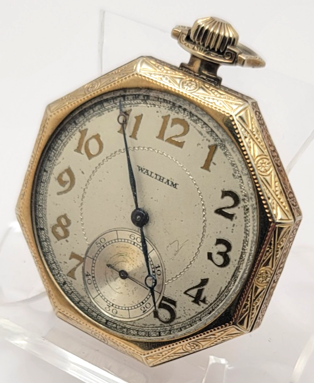 Vintage Waltham Octagon Case 14K Solid White Gold Engraved Stag Pocket ...