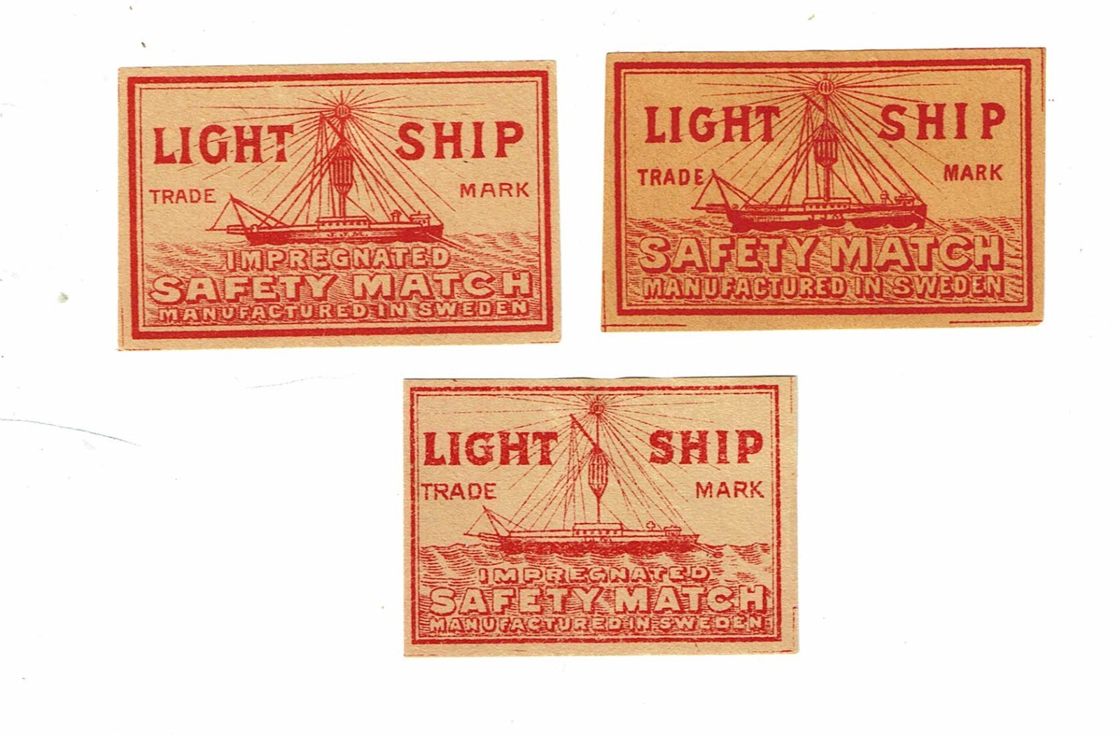 3 Old Sweden c1900s Matchbox labels Light Ship Safety Match size ...