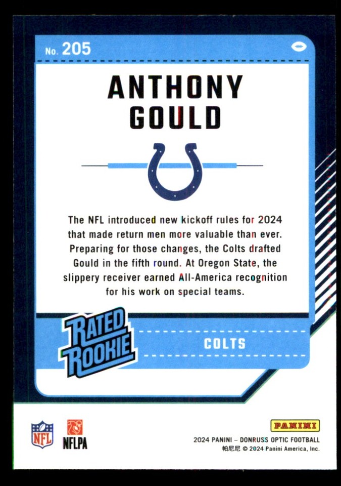 Anthony Gould 2024 Donruss Optic #205 Colts NFL READ FREE SHIPPING ...