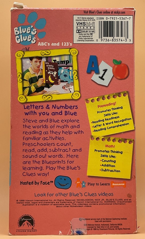 Blue's Clues - ABCs and 123s VHS 1999 Nick Jr. Orange Tape **Buy 2 Get ...