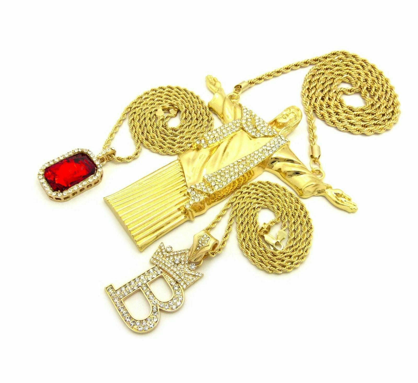 Jumbo Large Jesus Christ & RED Gemstone & B Pendant & 30" Rope Chain ...