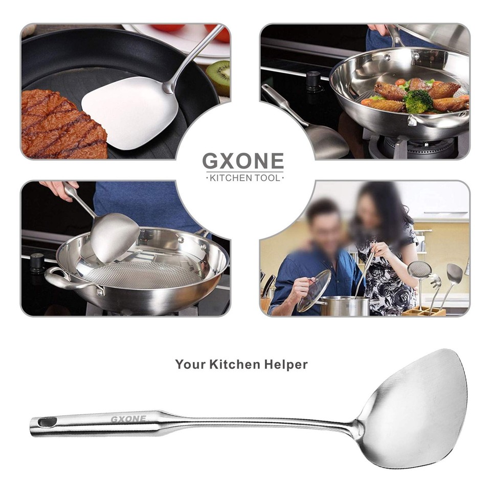 Wok Spatula Stainless Steel Wide Metal Spatula With Hollow Long Handle ...