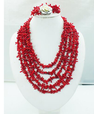 Charming 5 Rows Natural Genuine Red Coral Chip Gems Beads Necklace ...