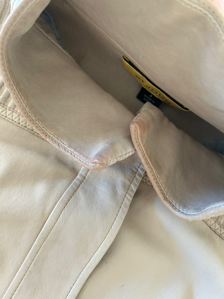 St. John Ribbed Leather Moto Racer Jacket 6 Button Front Lamb Beige J ...