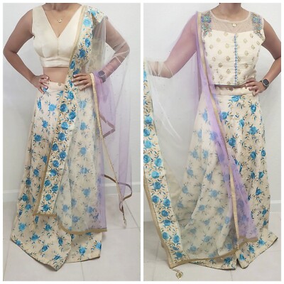 Linen lehenga/ lengha w/ Floral Turquoise Floral Embroidery, 2 Blouses ...