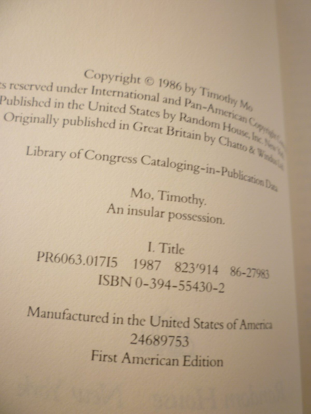 Insular Possession by Timothy Mo (1987, Hardcover) for sale online | eBay