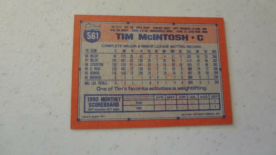 1991 TOPPS #561 TIM McINTOSH BASEBALL CARD | eBay