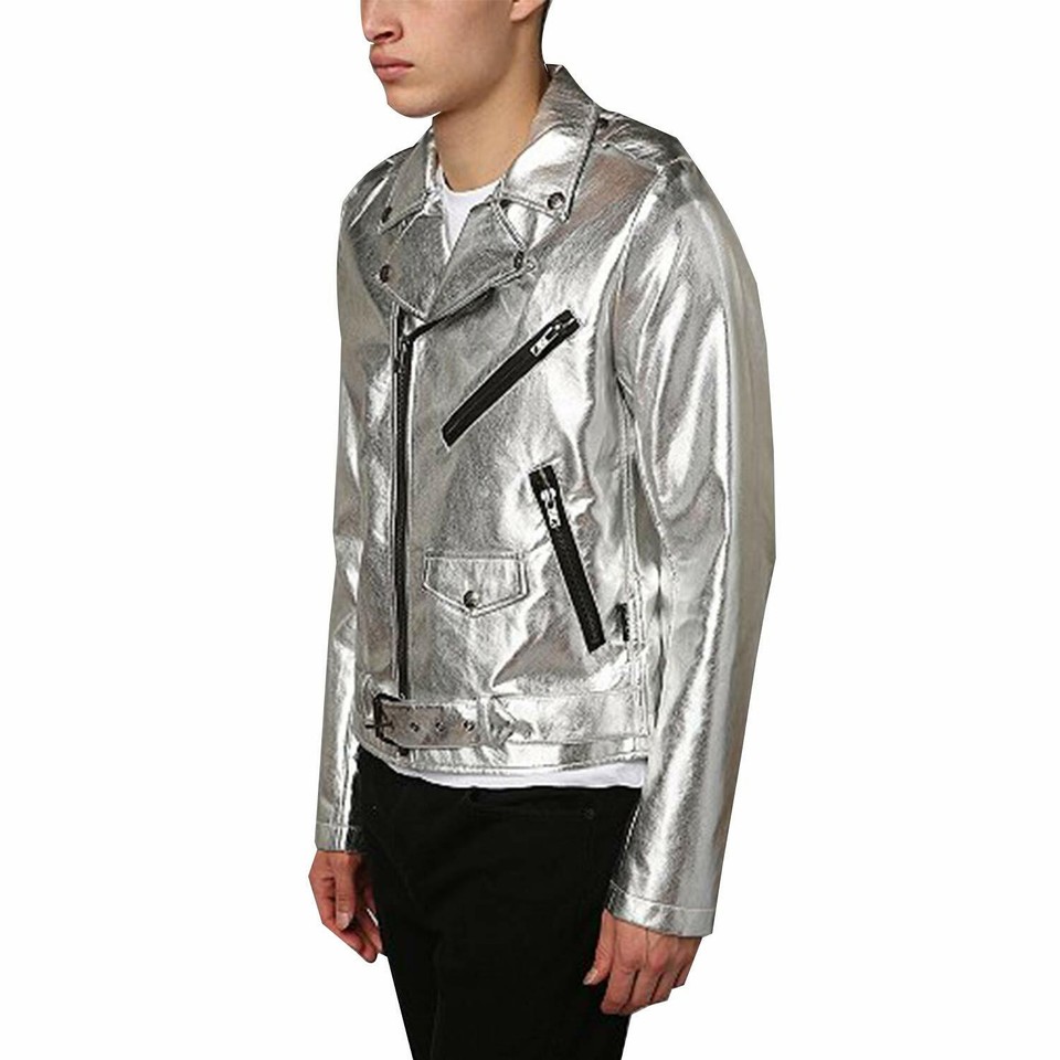 Mens Biker Jacket Silver Motorcycle Slim Fit Goth Punk Moto Leather ...