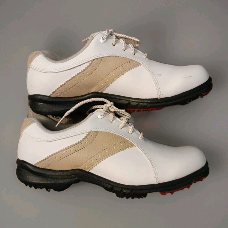 Footjoy Greenjoys White/Tan Saddle Ox Golf Shoes 48392 Spikes Ladies Sz ...