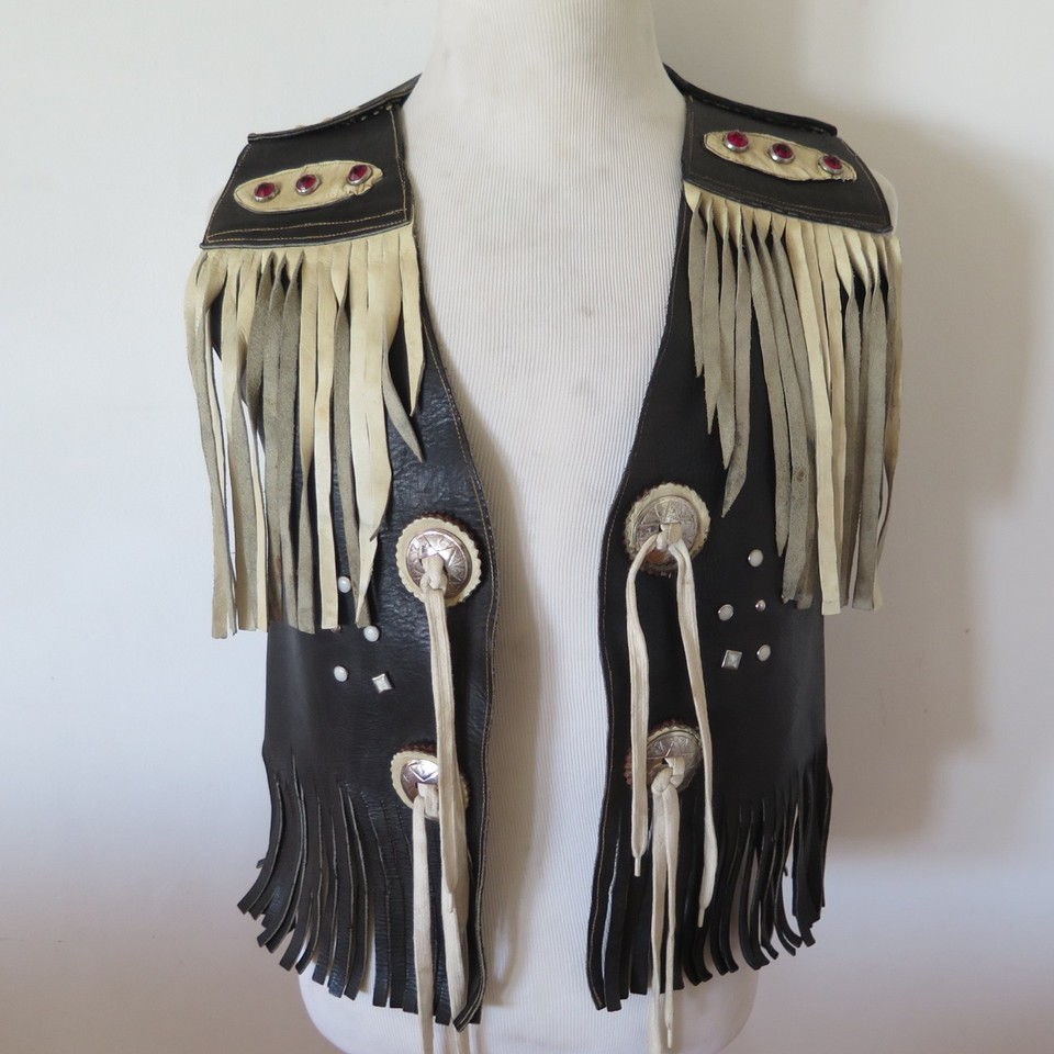 VINTAGE ORIGINAL RODEO WESTERN LEATHER VEST FRINGE STUDDED SMALL ...