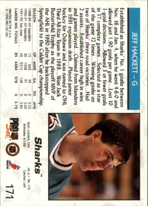 1992-93 Pro Set Sharks Hockey Card #171 Jeff Hackett | eBay