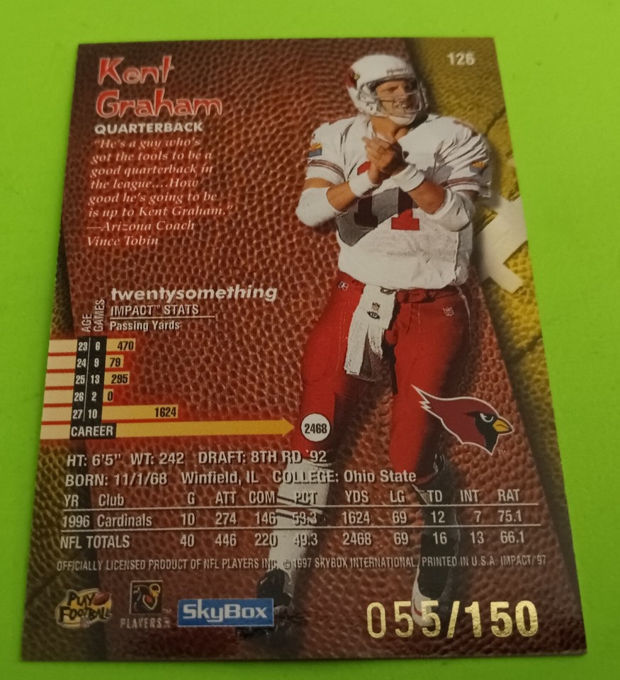 1997 Kent Graham SkyBox Impact RAVE Card #126 Arizona Cardinals (55/150 ...