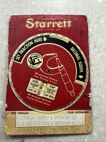1958 Starrett Decimal Fraction Screw Thread Tap Drill Wheel Chart ...