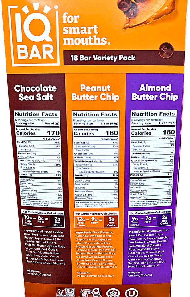 IQ Bar Protein Bar Variety Pack Peanut Butter Chocolate Almond 18 Bars ...