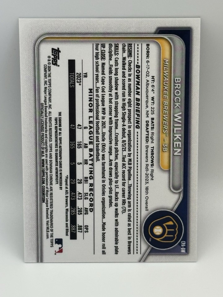 2024 Bowman Chrome Prospect Auto Brock Wilken #CPA-BW Auto Rookie | eBay