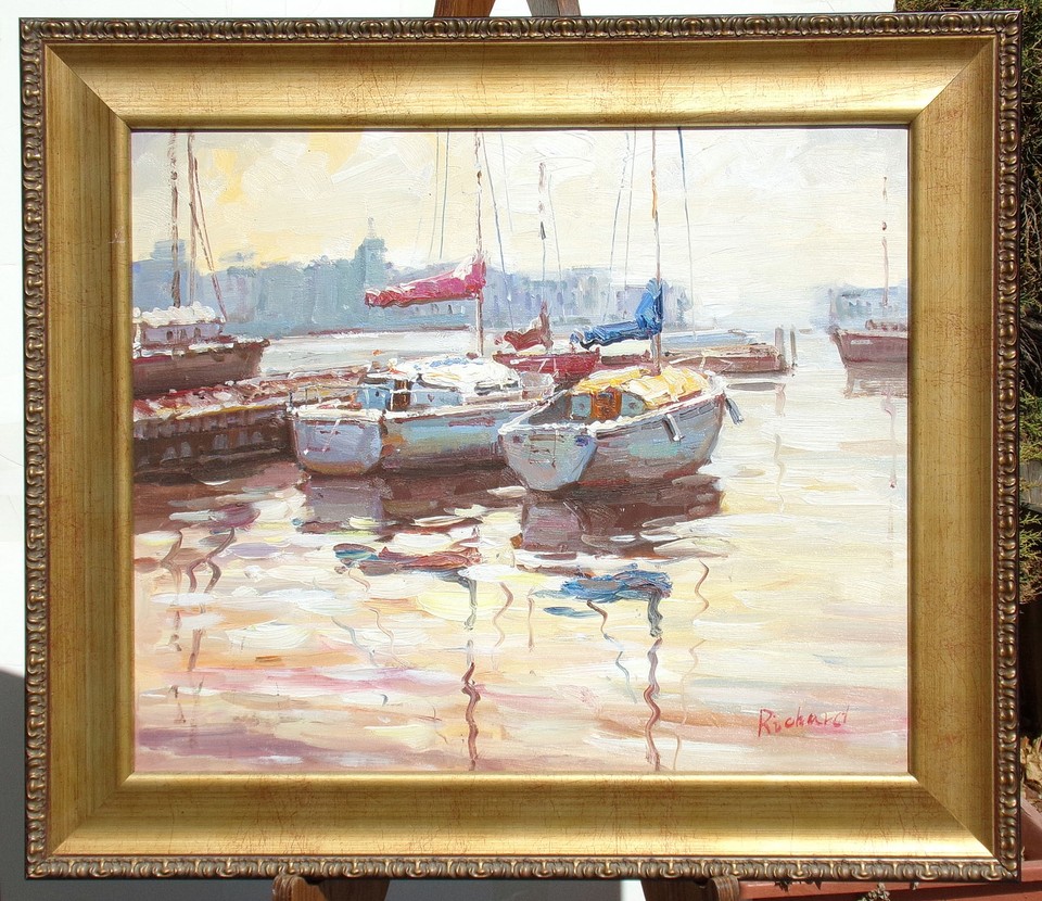 "Richard" Original Oil Painting Art on Canvas sailboats harbor ...