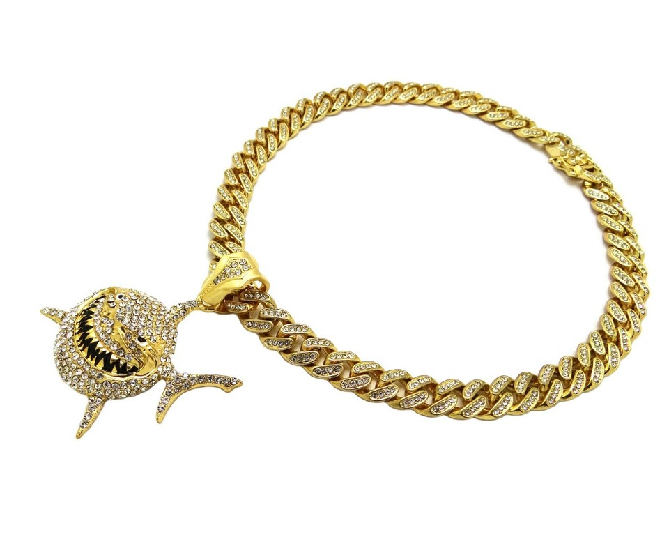 TEKASHI 69 6IX9INE SHARK PENDANT 14K LAB DIAMOND GOLD CUBAN LINK CHAIN ...