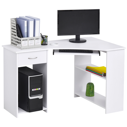 L-Shaped Corner Computer Desk w/ 2 Shelves Worktop Keyboard Tray White ...