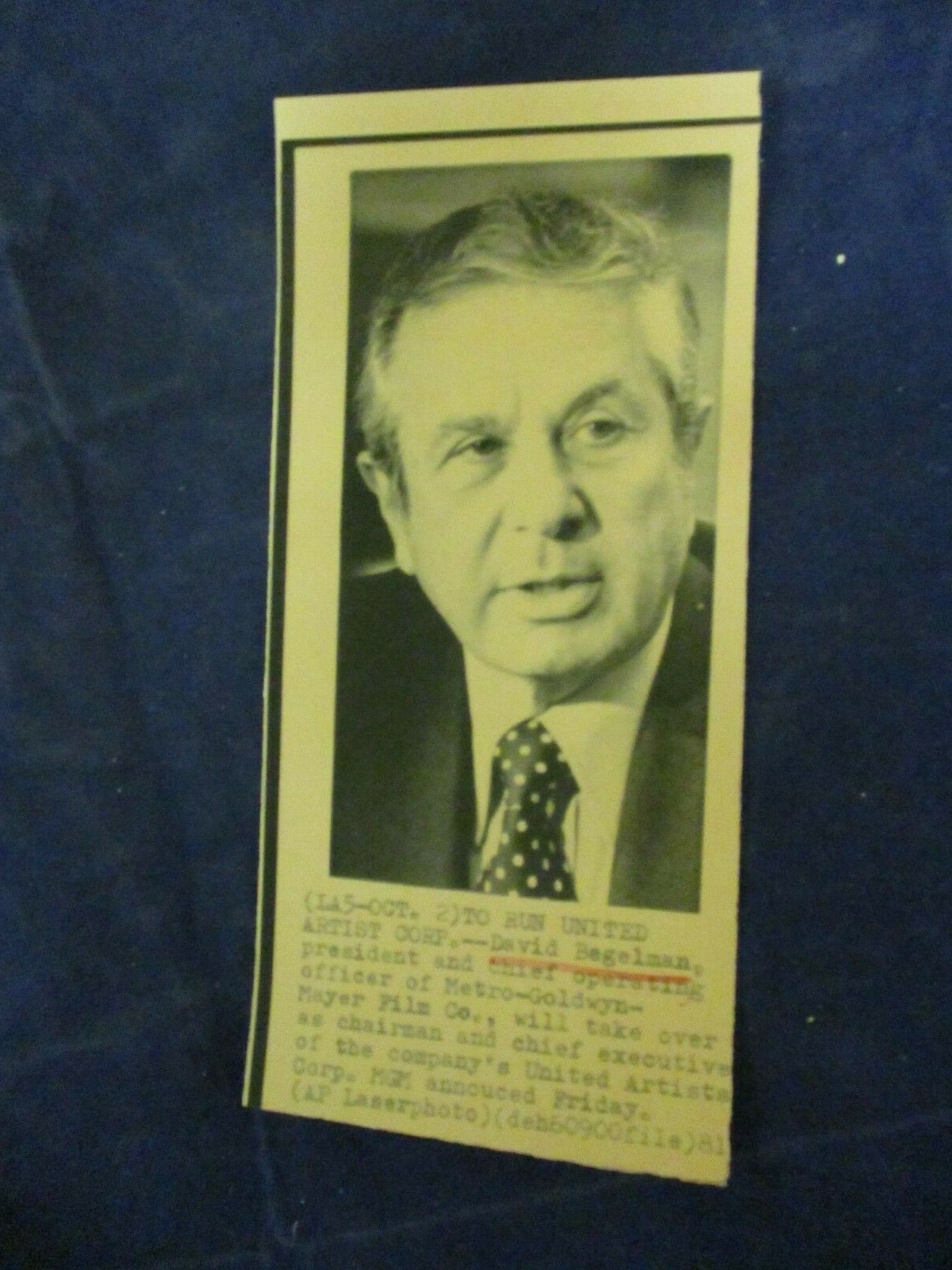 Vintage David Begelman Metro-Goldwyn-Mayer Film Co. Pres & CEO Wire ...