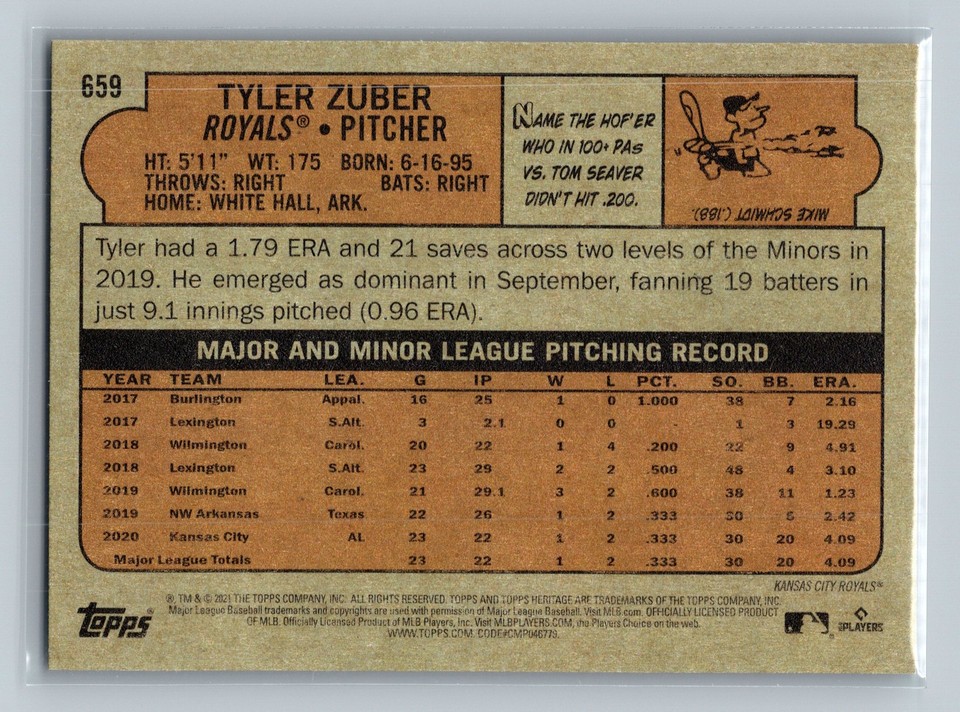 Tyler Zuber #659 2021 Topps Heritage Kansas City Royals RC | eBay