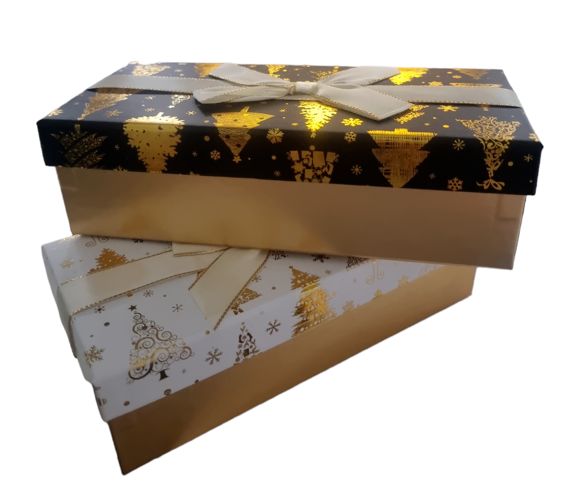 Large Long Christmas Gift Box With Lid Ribbon Xmas Present Gold ...