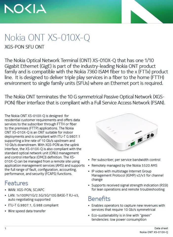 Nokia XS-010X-Q XGS PON ONT 1x 100M/1G/2.5G/5G/10G US power plug | eBay