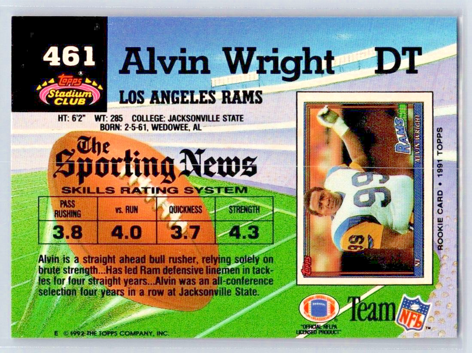 1992 Topps Stadium Club - Alvin Wright - Los Angeles Rams - Base - #461 ...