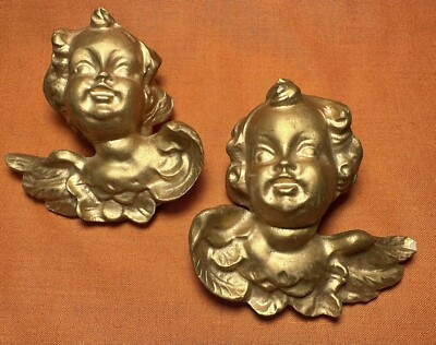VTG Pair Angels Cherubs Putti Heads Wing Rococo Style Wall Hanging Gold ...