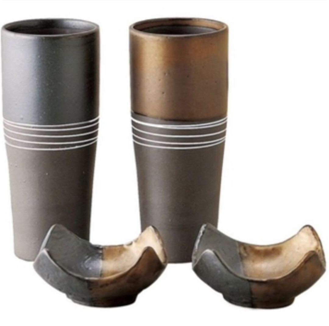 Two Ceramic Tumblers & Matching Small Plates Set ; Wooden Box ! (#192 ...