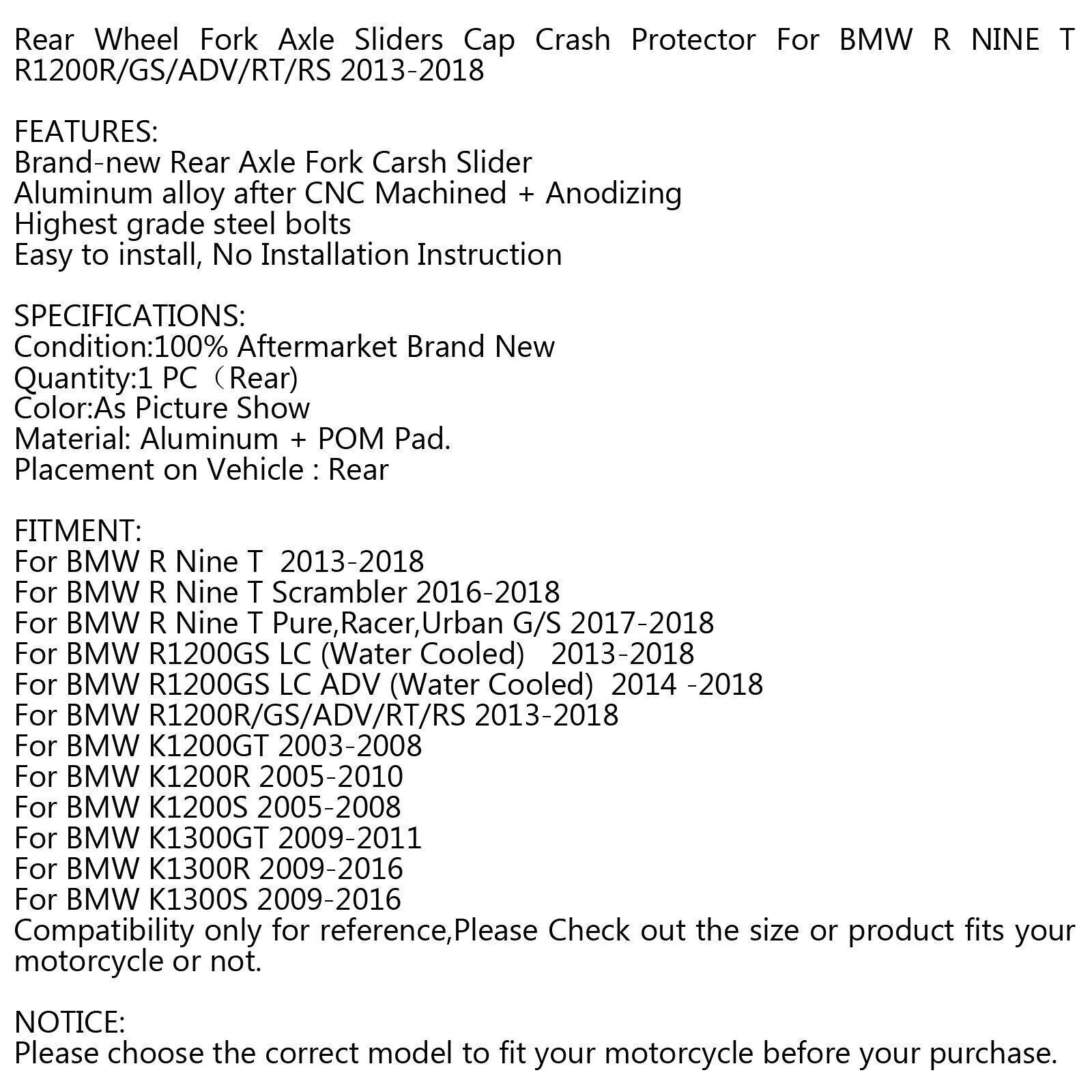 Rear Fork Axle Sliders Protector Fit BMW K 1200 1300 GT/R/S K1300R ...