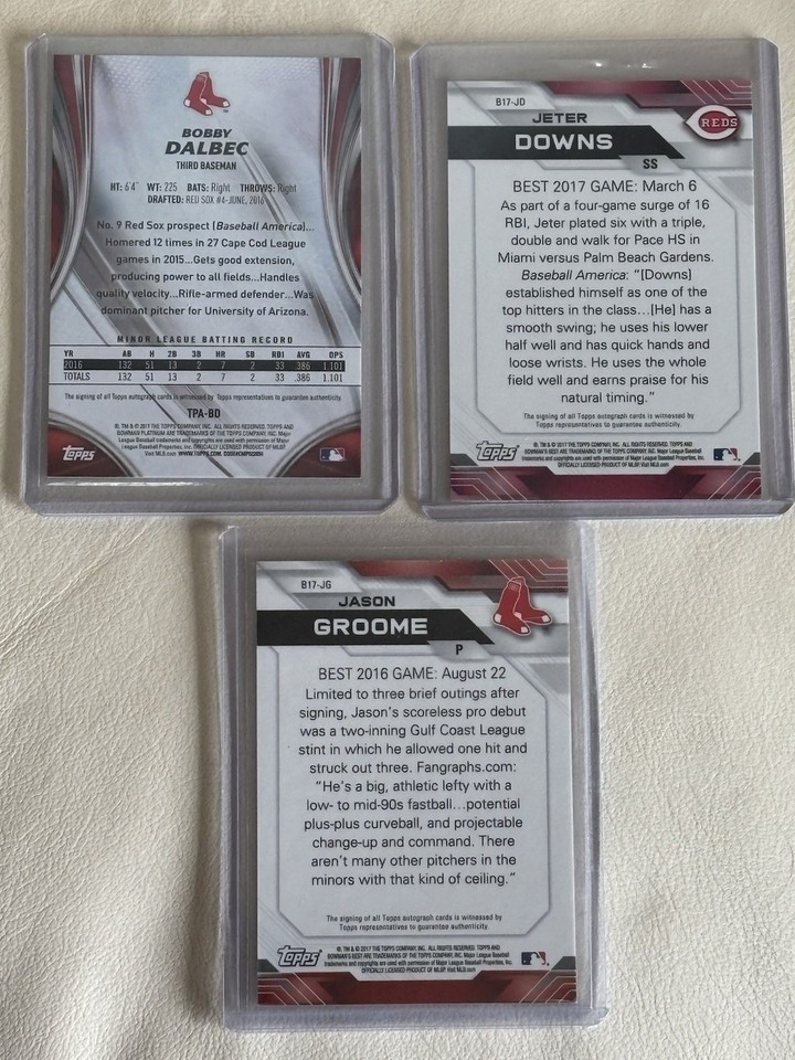 Jeter Downs/Bobby Dalbec/Jason Groome 🔥2017 Bowman Rookie Autographs🔥 ...