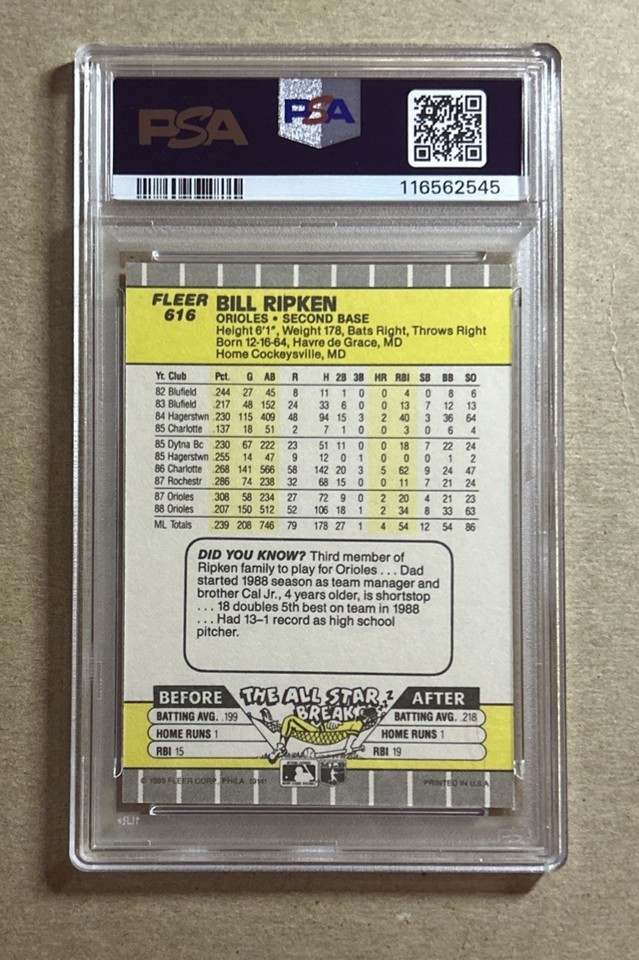 1989 Fleer Baseball Bill Ripken Baltimore Orioles FF Error Card #616 ...