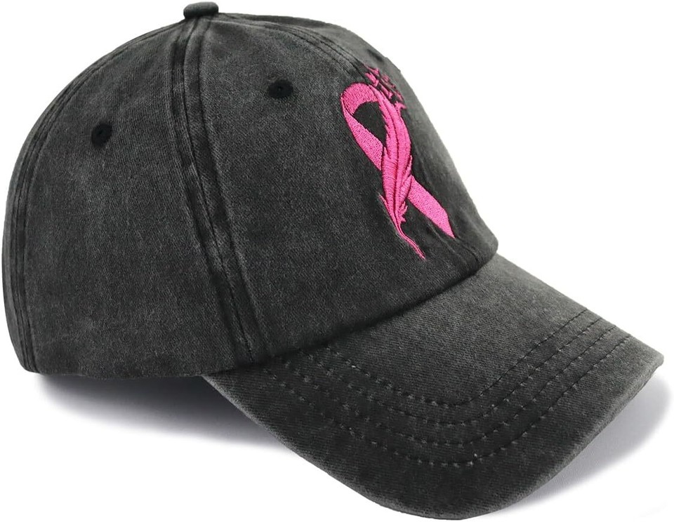 Pink Ribbon Breast Cancer Awareness Hats for Women, Embroidered Black ...