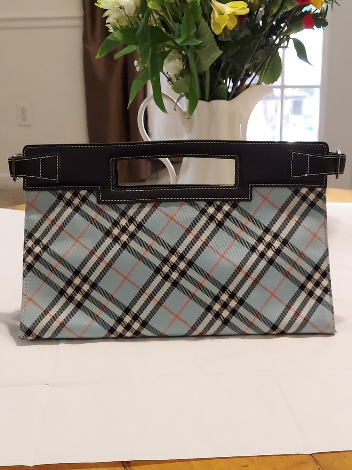 BURBERRY Nova Check Blue Label Clutch Bag Leather Trim Blue Silver ...