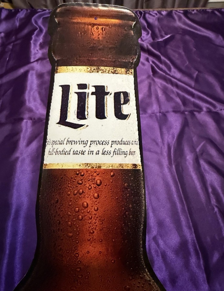 Vintage Miller Lite Beer Metal Sign Tin Embossed Bottle Shape Man Cave ...