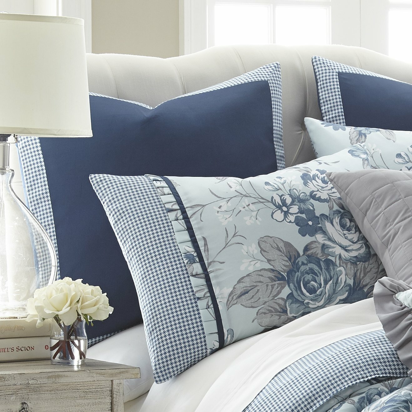 Queen King Bed Blue Gray Floral Houndstooth Ruffle 8 pc Comforter Set ...