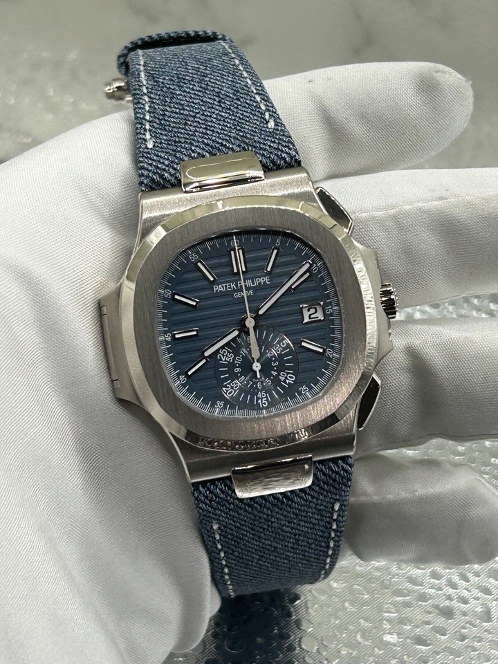Patek Philippe Nautilus 5980/60G Watch Blue Denim Strap Blue Dial Box ...