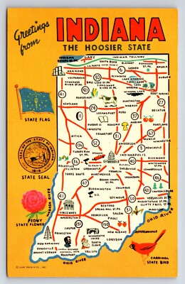 Postcard Greetings From Indiana, The Hoosier State Map Attractions ...