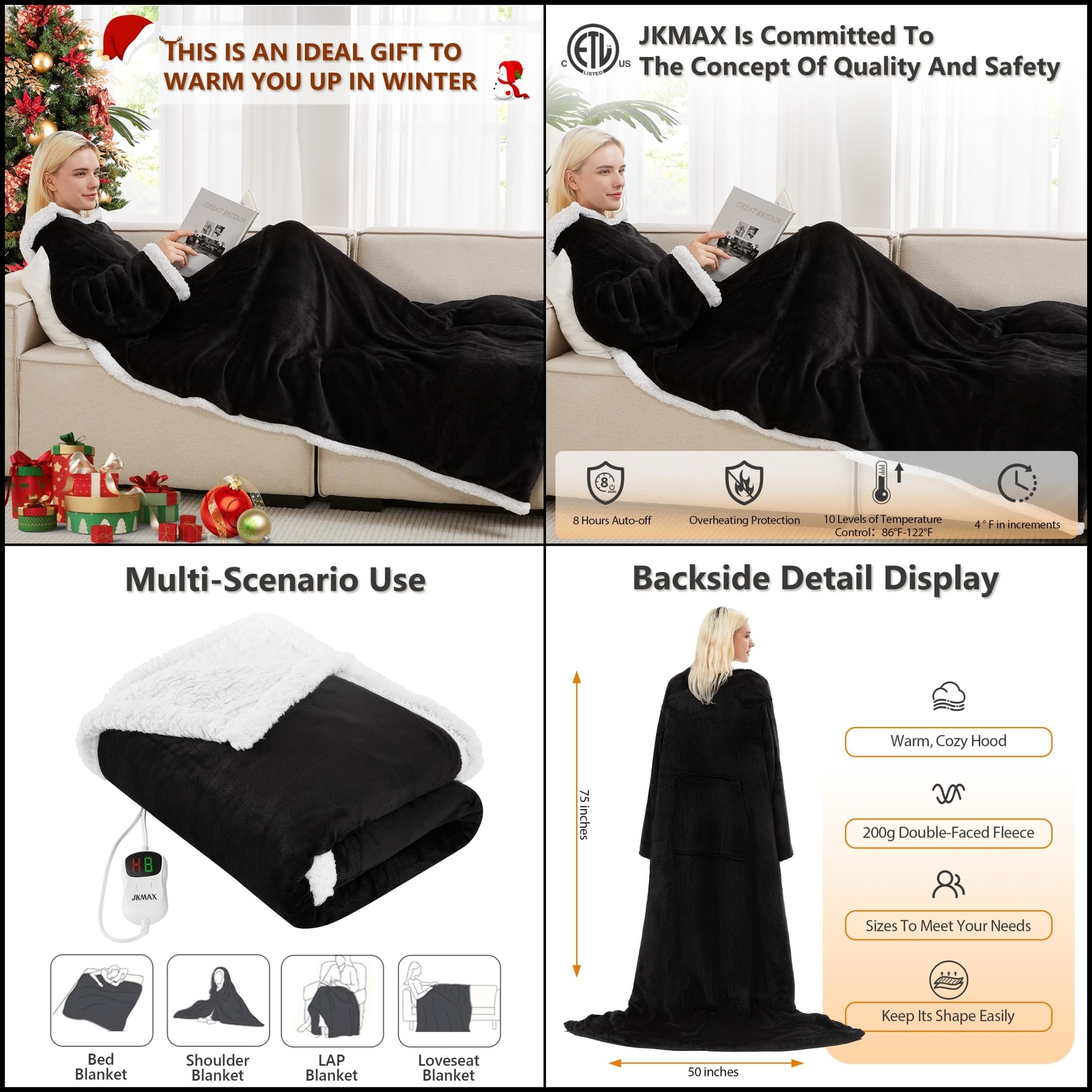 JKMAX Heated Electric Blanket Wearable Throw - Heated Wearable Robe ...