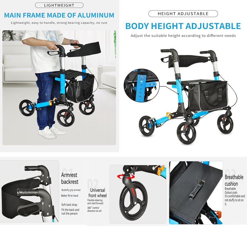 Folding Rollator Walker Aluminium Walking Frame Mobility Aid ...
