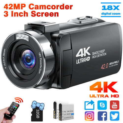 4K 30FPS 42MP Handheld Digital Video Camera Camcorder 18X Zoom W/LED ...