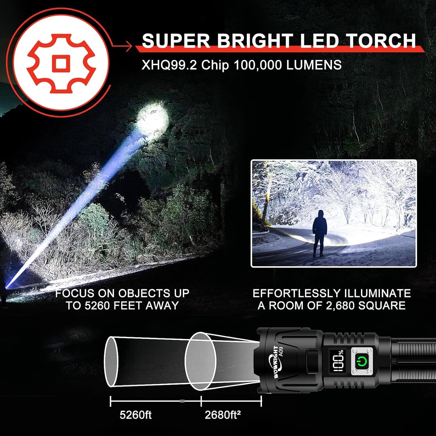 WOWNIGHT Torch 100000 Lumens High Power Powerful Rechargeable Flashlight Torches | eBay UK